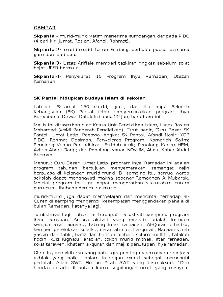 Contoh Laporan Berita Program Ihya Ramadan SK Pantai | PDF