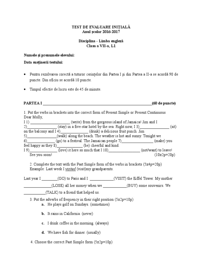 Test Initial Engleza a 7-A | Languages | Language Arts & Discipline