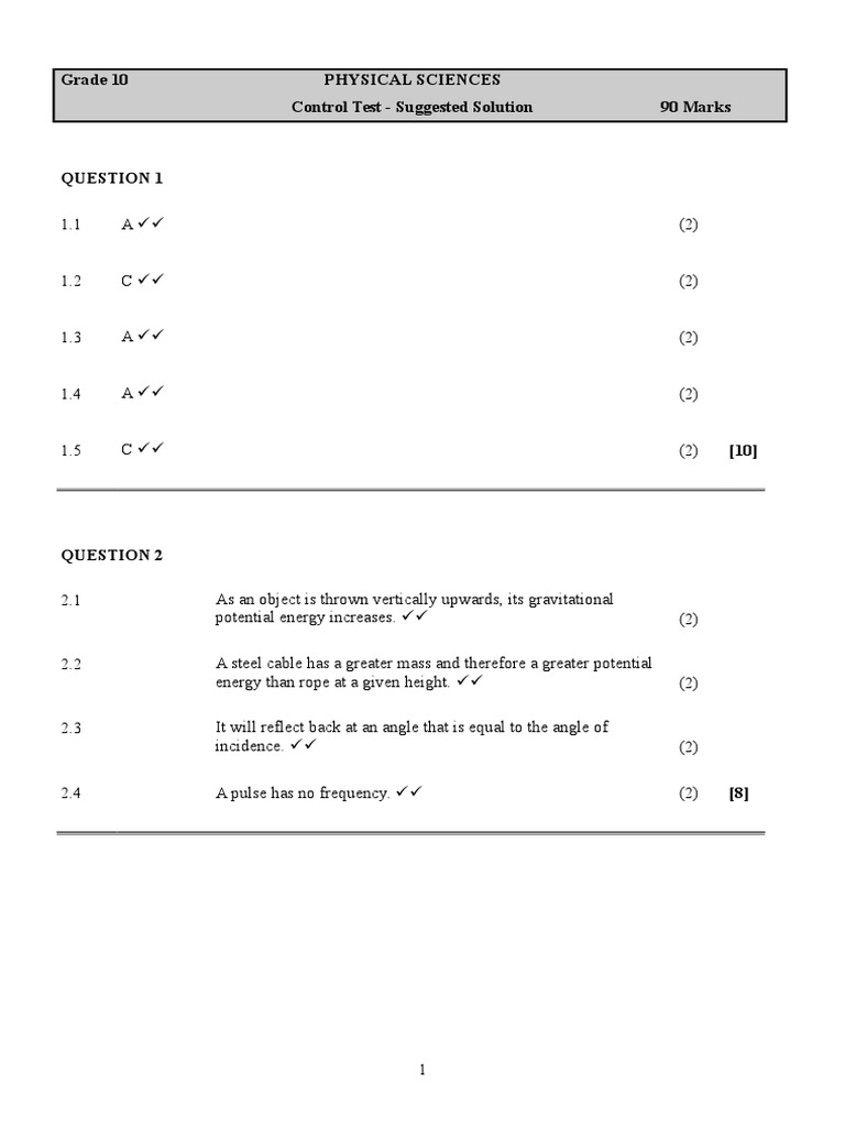 Grade 10 Physical Sciences Test Solutions | PDF | Potential Energy ...