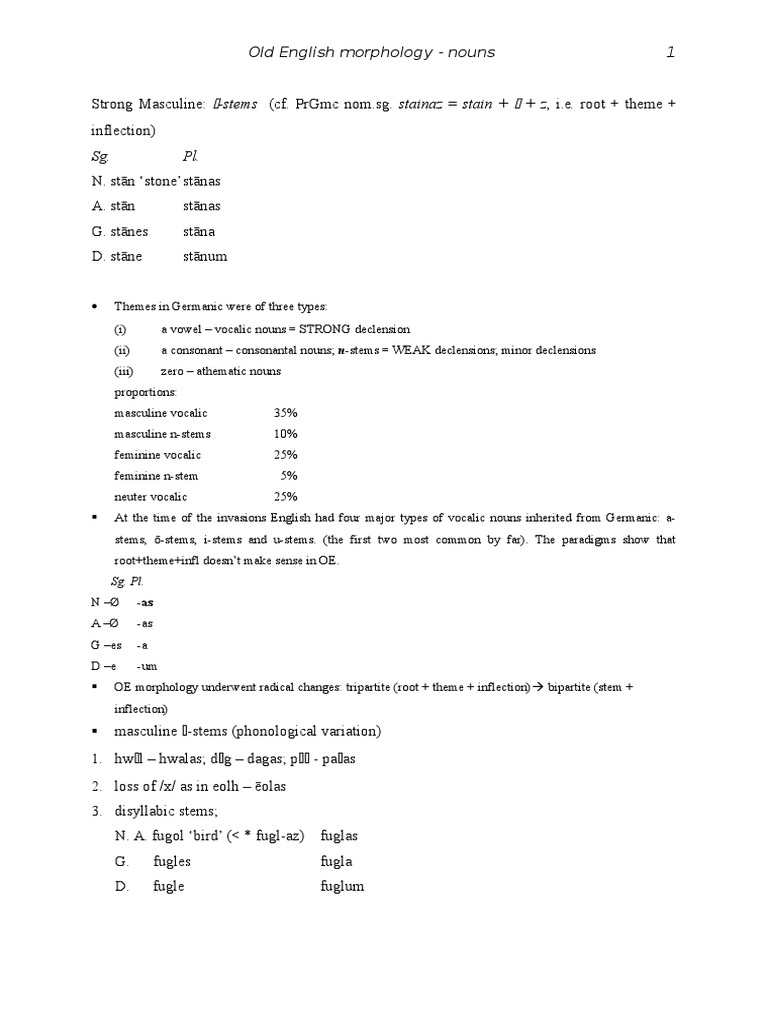 Old English Noun Morphology Guide | PDF | Grammatical Gender ...
