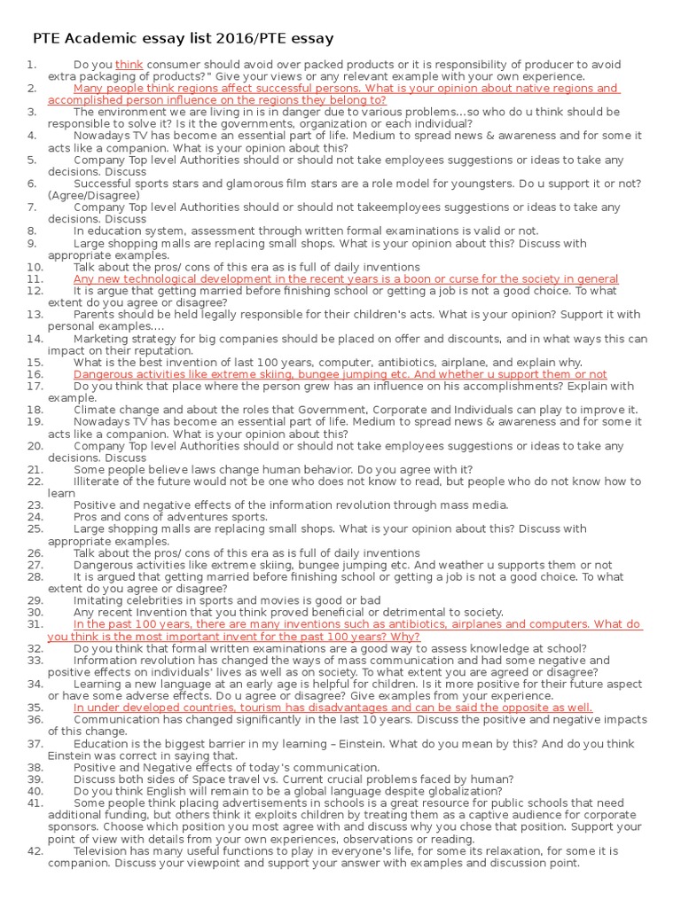 PTE Academic Essay Topics 2016 List | PDF