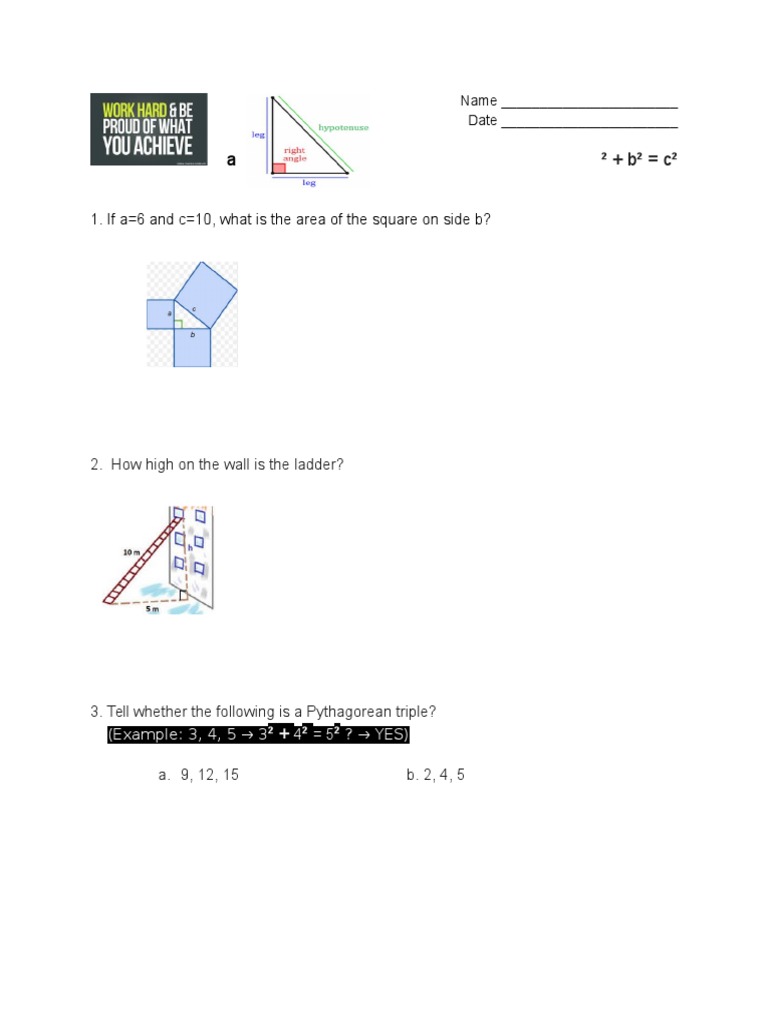 Pythagorean Theorem Test | PDF
