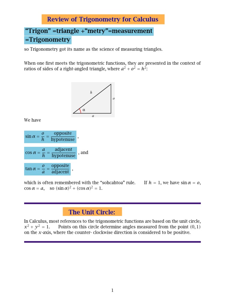 "Trigon" Triangle +"metry" Measurement Trigonometry: Review of ...