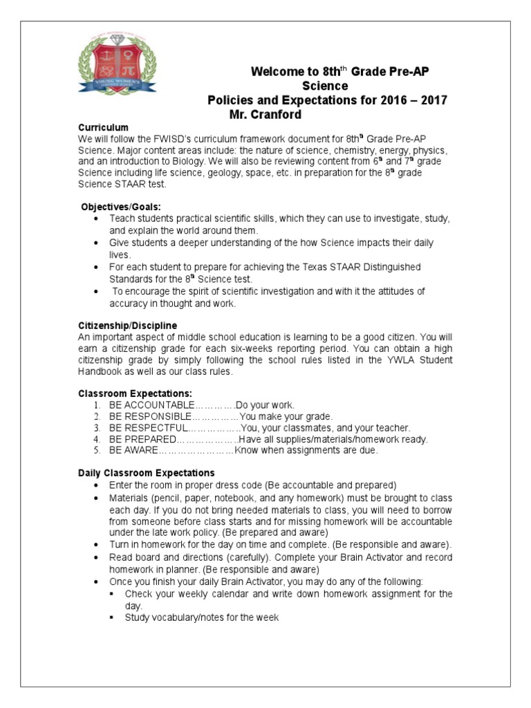 8th Grade Pre-AP Science Guide | PDF | Homework | Curriculum