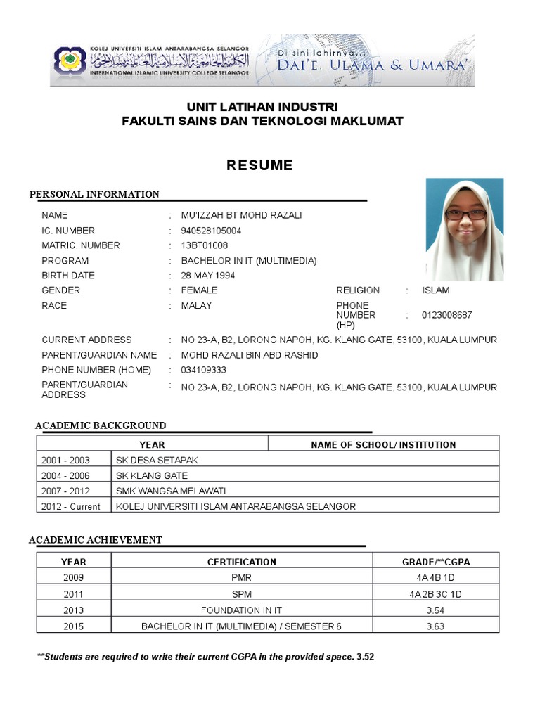 Resume: Unit Latihan Industri Fakulti Sains Dan Teknologi Maklumat | PDF