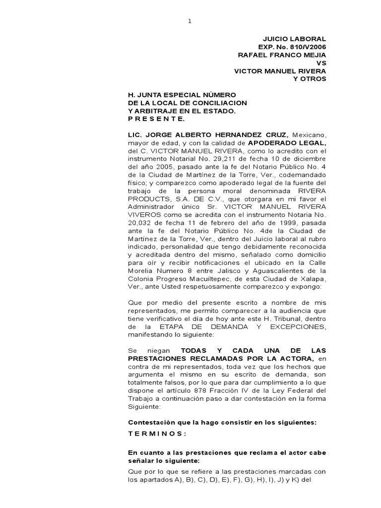 CONTESTACION-DEMANDA-LABORAL (1).docx | Pagos | Demanda judicial ...