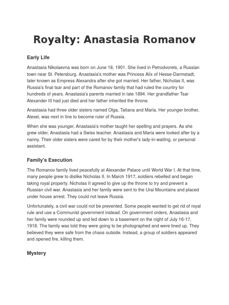 Biography of Anastasia Reading Comprehension Practice | PDF | Nicholas ...