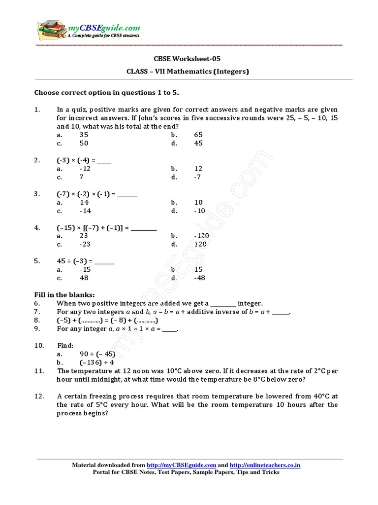 CBSE Worksheet-05 CLASS - VII Mathematics (Integers) | PDF