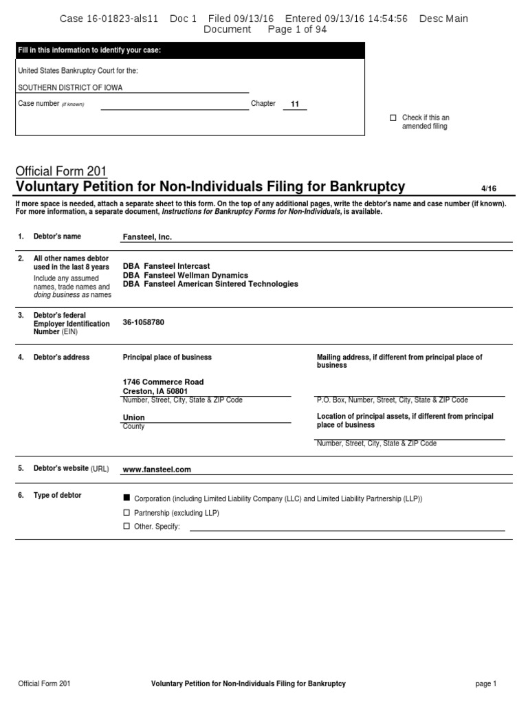 Fansteel, Inc. (Second Filing) 2016chapter 11 Petition | PDF ...
