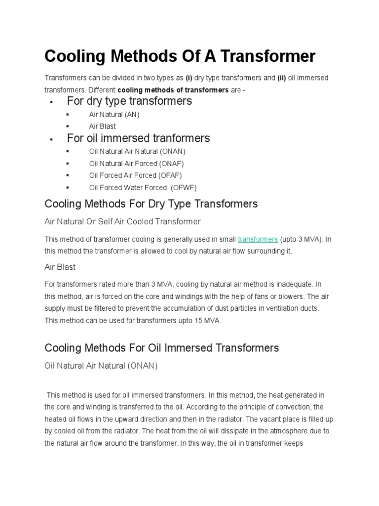 Cooling Methods of A Transformer: For Dry Type Transformers For Oil ...