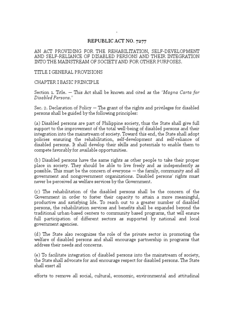 RA No. 7277, 9442, and 10754 | Disability | Employment