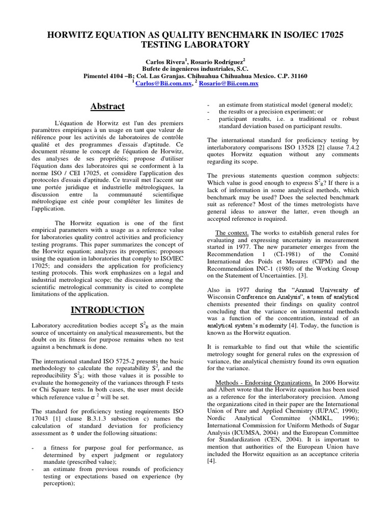 Horwitz Equation As Quality Benchmark in Iso/Iec 17025 Testing ...
