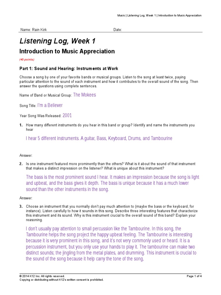 HS MUS Listening Log | PDF | Musical Instruments | Musical Compositions