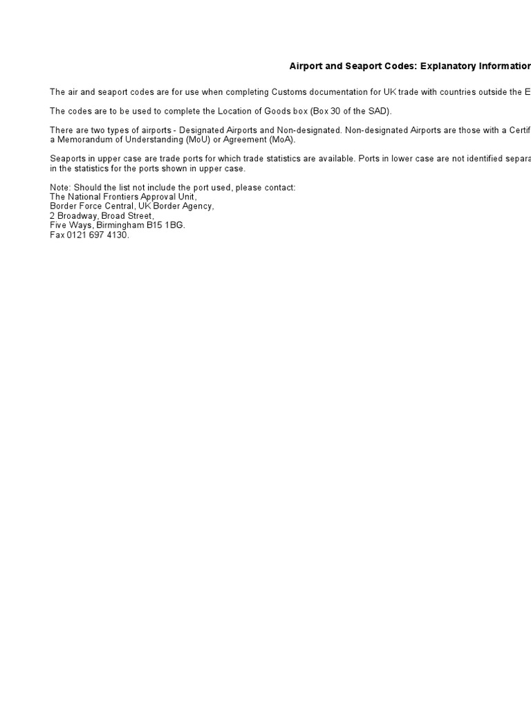 Airport and Seaport Codes: Explanatory Information | PDF