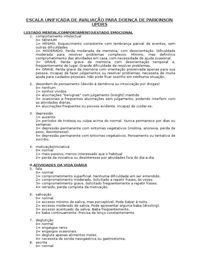 Updrs - Escala Parkinson | Mal de Parkinson | Depressão