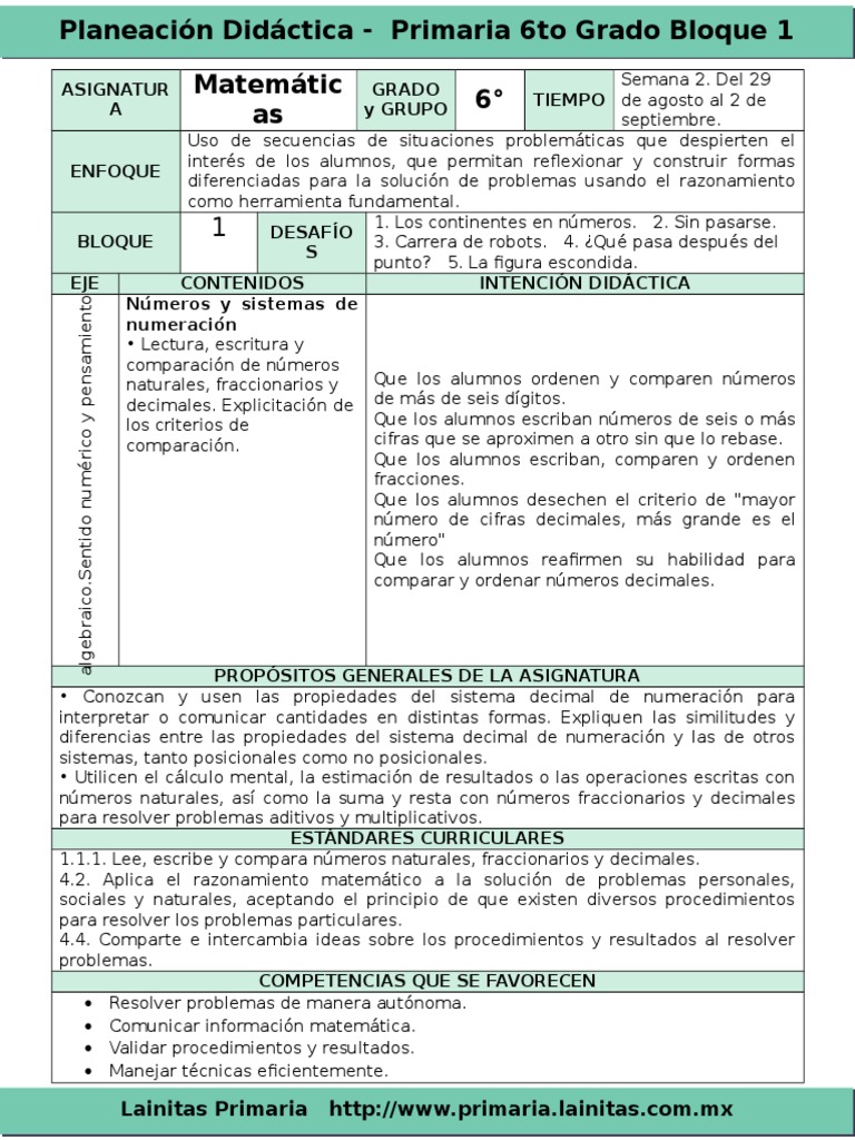 Plan 6to Grado - Bloque 1 Matemáticas (2016-2017).Doc | Fracción ...