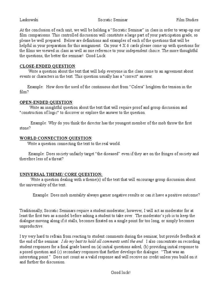 Socratic Seminar Handout Film | PDF | Language Arts & Discipline ...