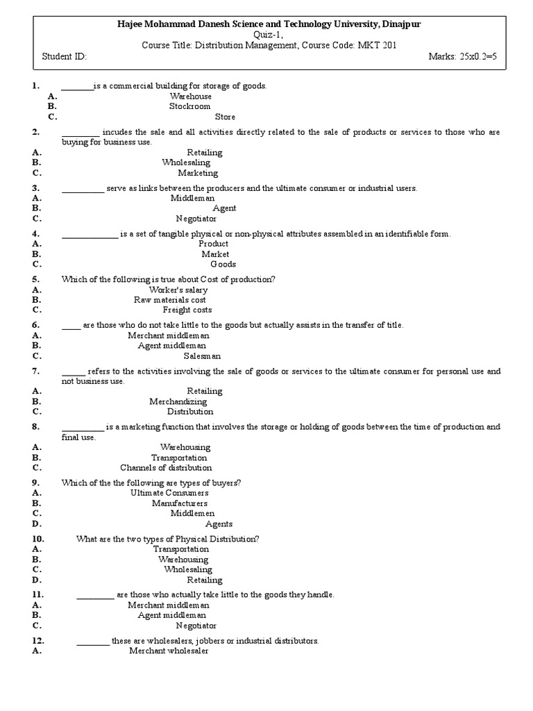 Distribution Management Quiz Test | PDF | Logistics | Warehouse