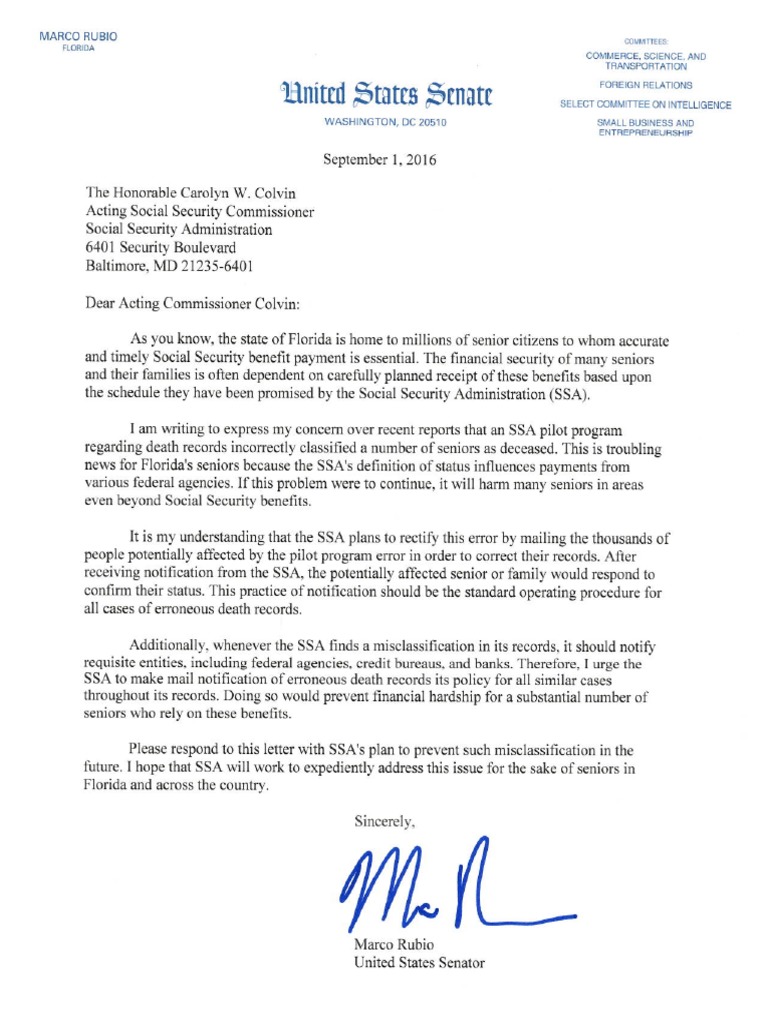 U.S. Senator Marco Rubio's Letter To Social Security Administration | PDF