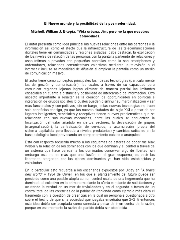 Mitchell, William J. E-Topía. Vida Urbana Jim Pero No La Que Nosotros Conocemos | PDF ...