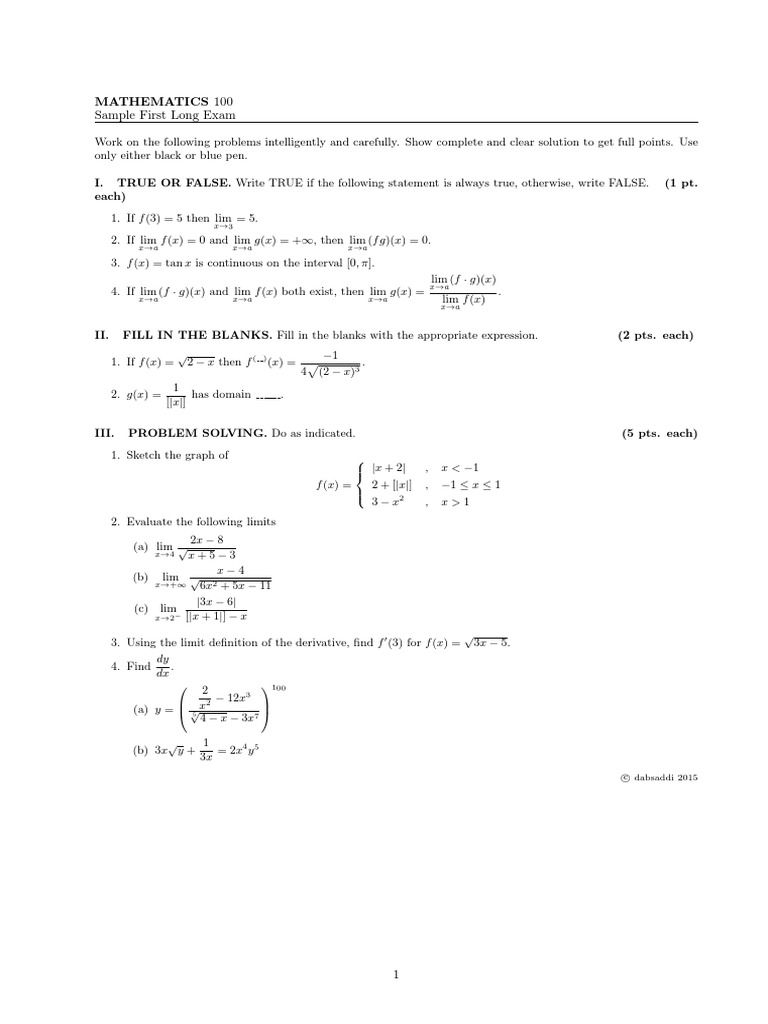 Math 100 Sample First Exam | PDF