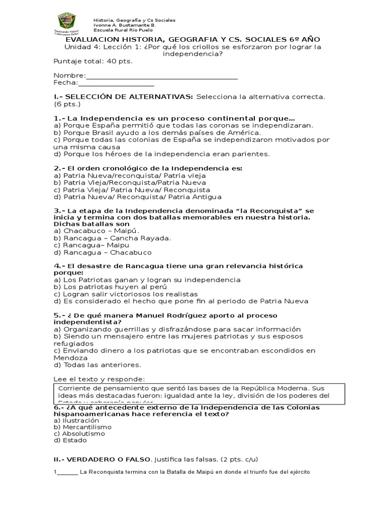Evaluacion Historia6 | PDF | Patriotismo | Chile