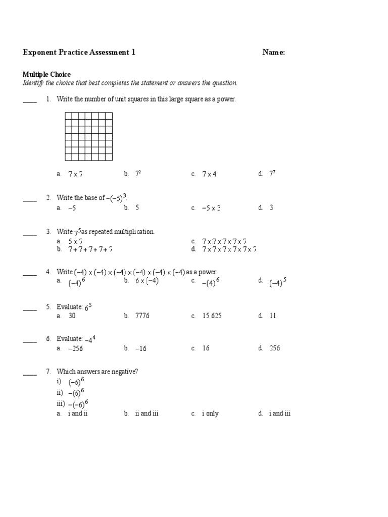 2 1 Exponents Practice Test | PDF | Multiple Choice | Exponentiation