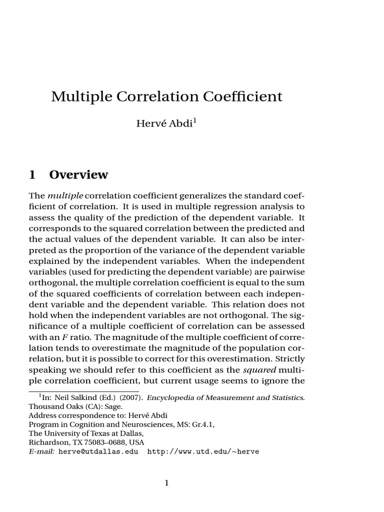 Multiple Correlation Coefficient PDF | PDF | Correlation And Dependence | Errors And Residuals