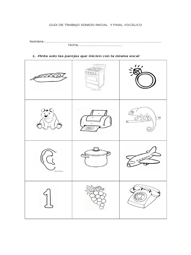 Guía de Trabajo Sonido Inicial y Final Vocálico