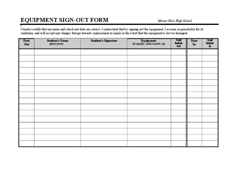 Equipment Sign-Out Form: Mount Olive High School T | PDF