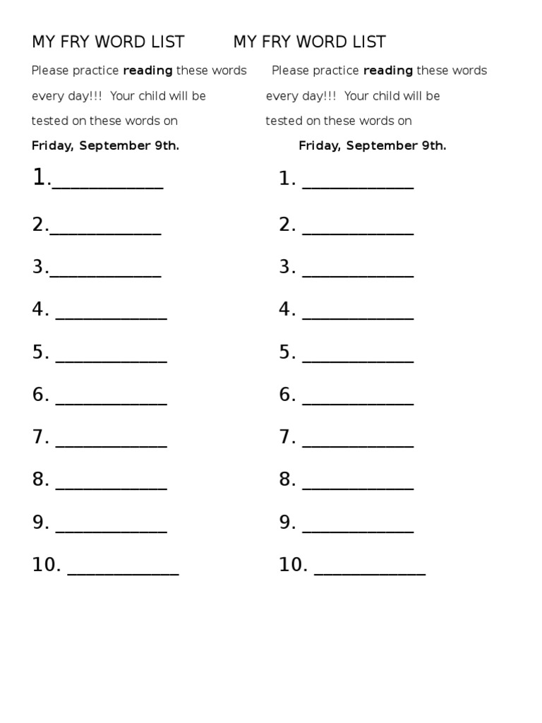 My Fry Word List My Fry Word List: Friday, September 9th. Friday ...