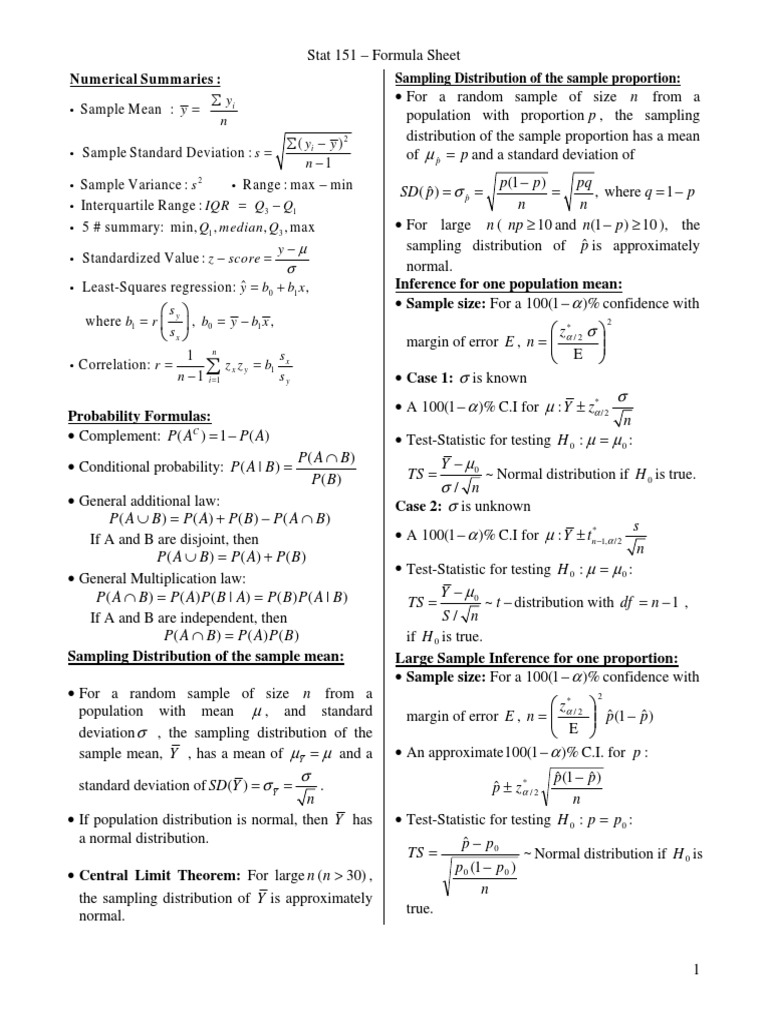 Stat 151 Formulas | PDF | Errors And Residuals | Normal Distribution