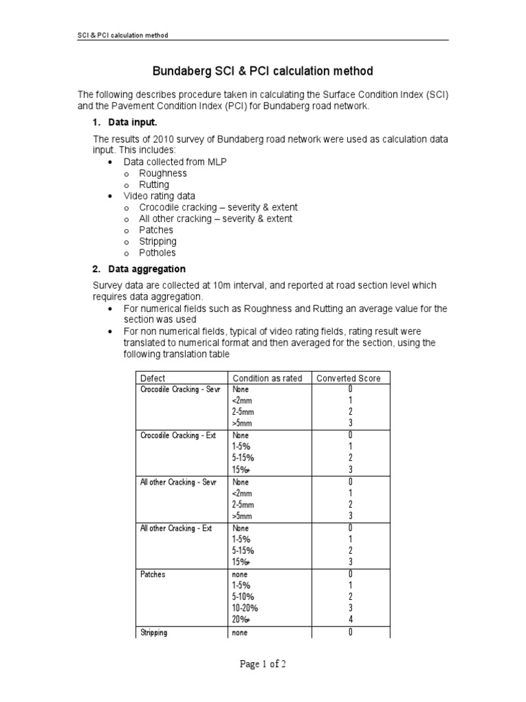 Bundaberg PCI SCI Calculation Methodology | PDF | Road Surface ...