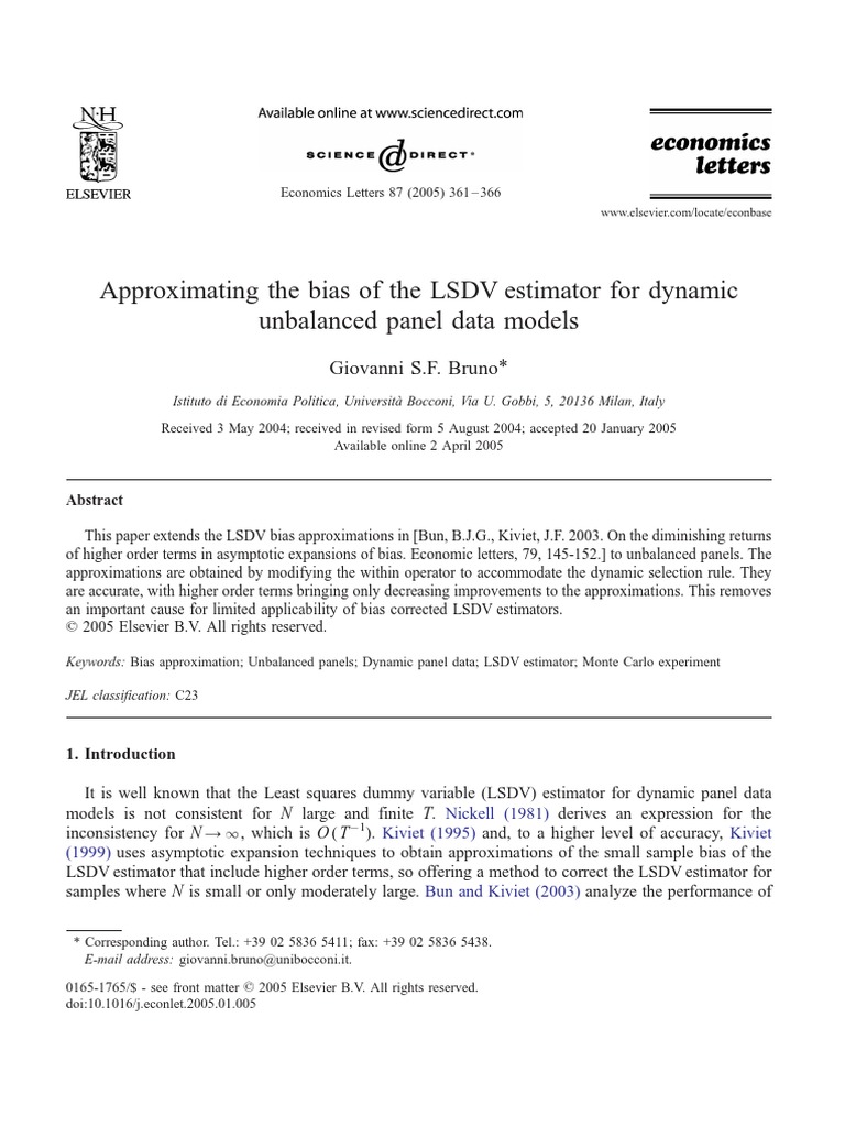 Bruno (2005) Approximating The Bias of The LSDV Estimator For Dynamic Unbalanced Panel Data ...