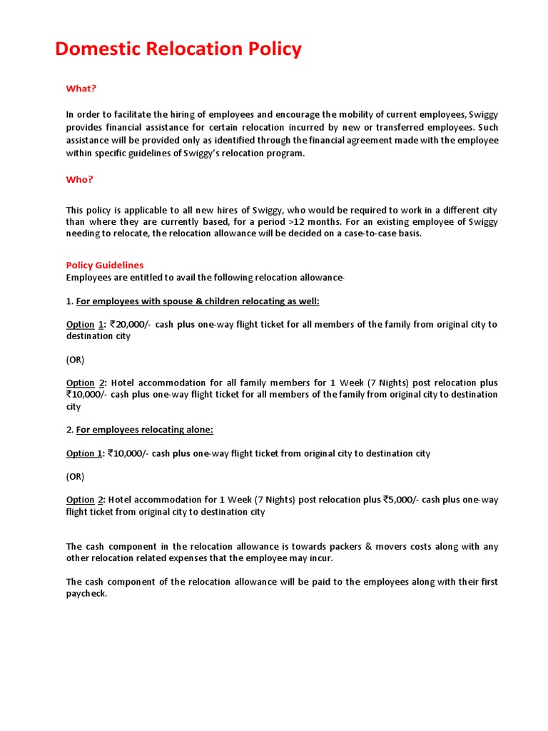 Domestic Relocation Policy | PDF