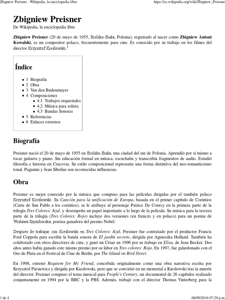Zbigniew Preisner - Wikipedia, La Enciclopedia Libre | PDF | Entretenimiento (general) | Ocio