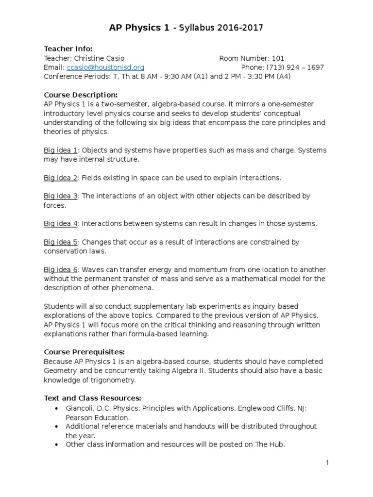 AP Physics 1 Syllabus | PDF | Physics | Teaching Mathematics