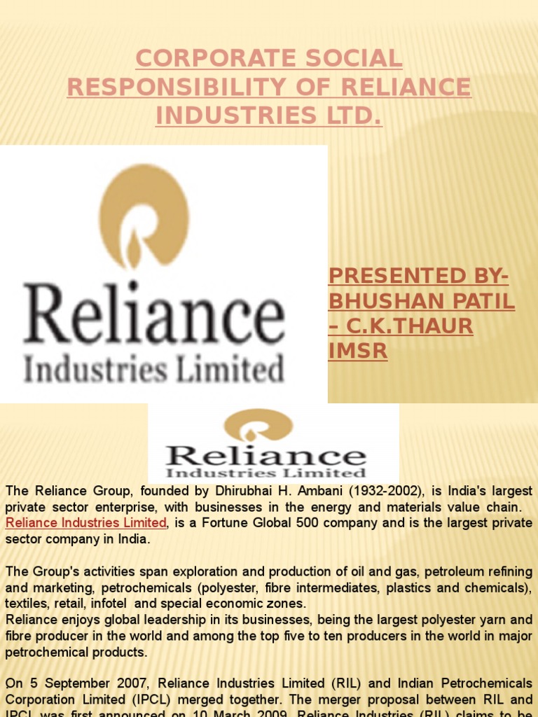 Corporate Social Responsibility of Reliance Industries LTD.: Presented ...