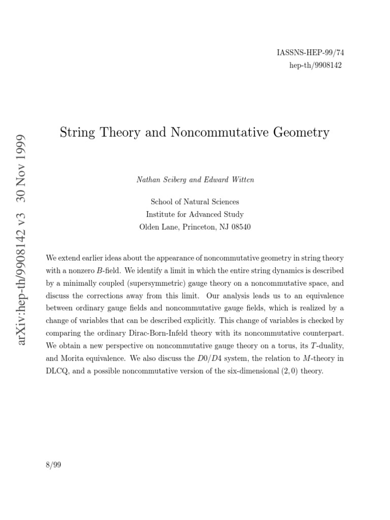 String Theory and Noncommutative Geometry - Nathan Seiberg and Edward Witten | PDF | Gauge ...