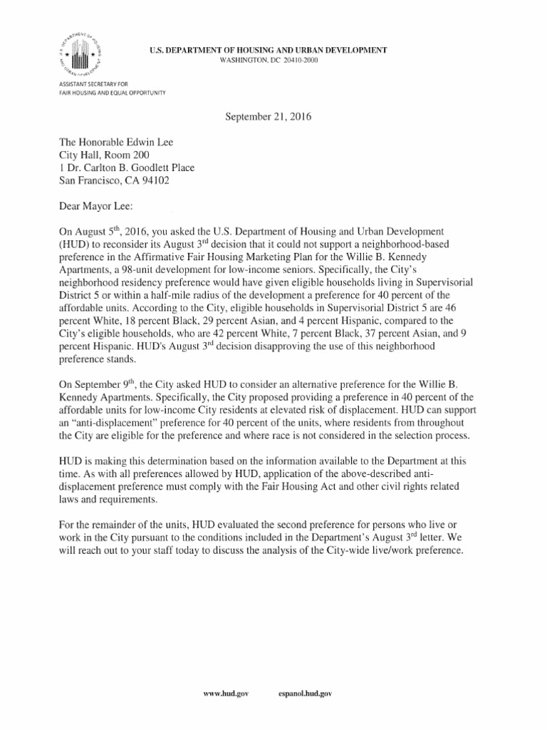 Federal Government Letter On Anti-Displacement Preference
