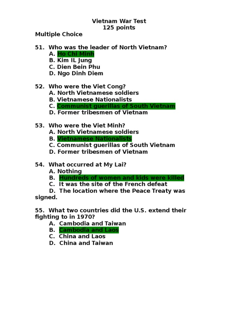 Vietnam War Test | PDF | Vietnam War | North Vietnam