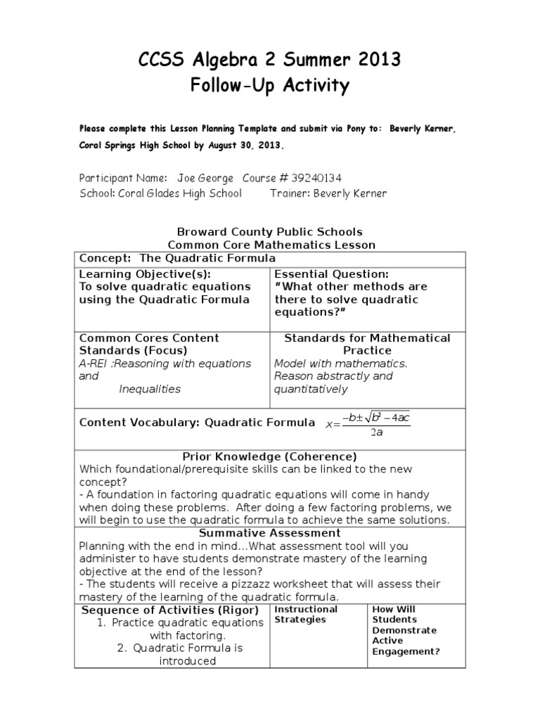Quadratic Formula Lesson Plan | PDF | Quadratic Equation | Algebra