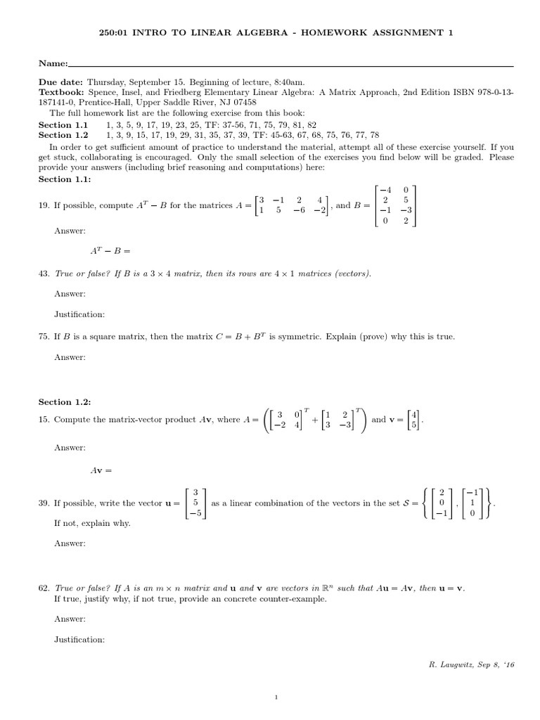 Linear Algebra Homework Assignment 1 | PDF
