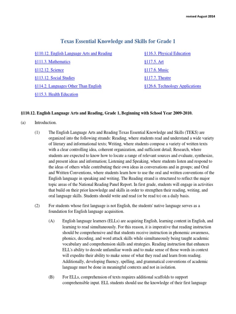 Texas Essential Knowledge and Skills For Grade 1 | PDF | Reading ...