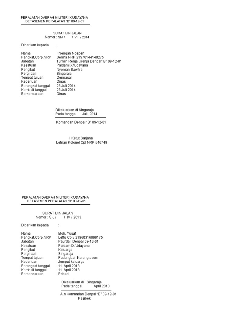 Surat Ijin Jalan Militer Paldam IX | PDF | Bisnis | Olahraga & Rekreasi