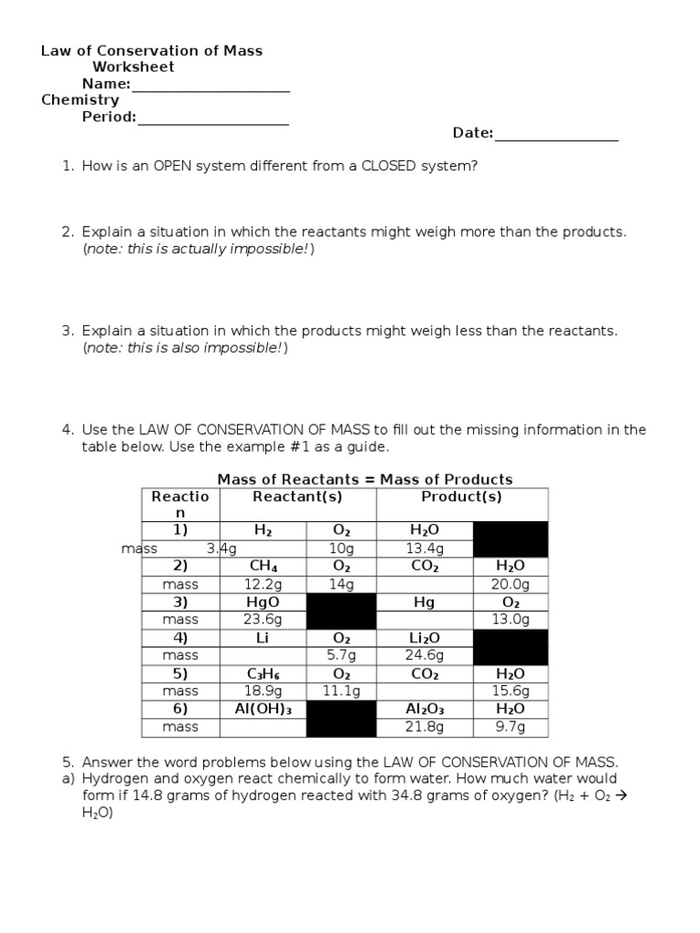 Worksheet - Law of Conservation of Mass | PDF