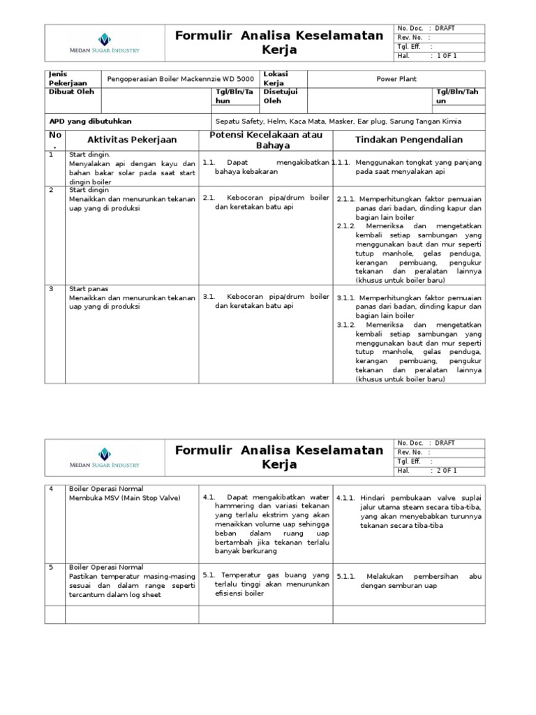 JSA Pengoperasian Boiler Mackannzie WD 5000 | PDF