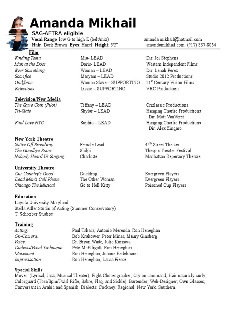 Amanda Mikhail: SAG-AFTRA Eligible Hair: Dark Brown Eyes: Hazel Height ...