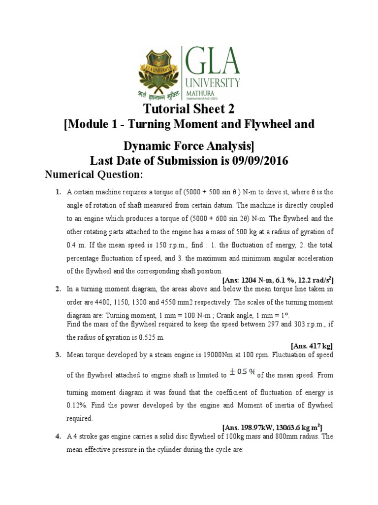 Tutorial Sheet 2 | PDF | Torque | Piston