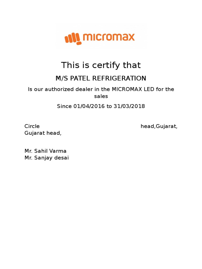 Micromax Dealer Certificate | PDF
